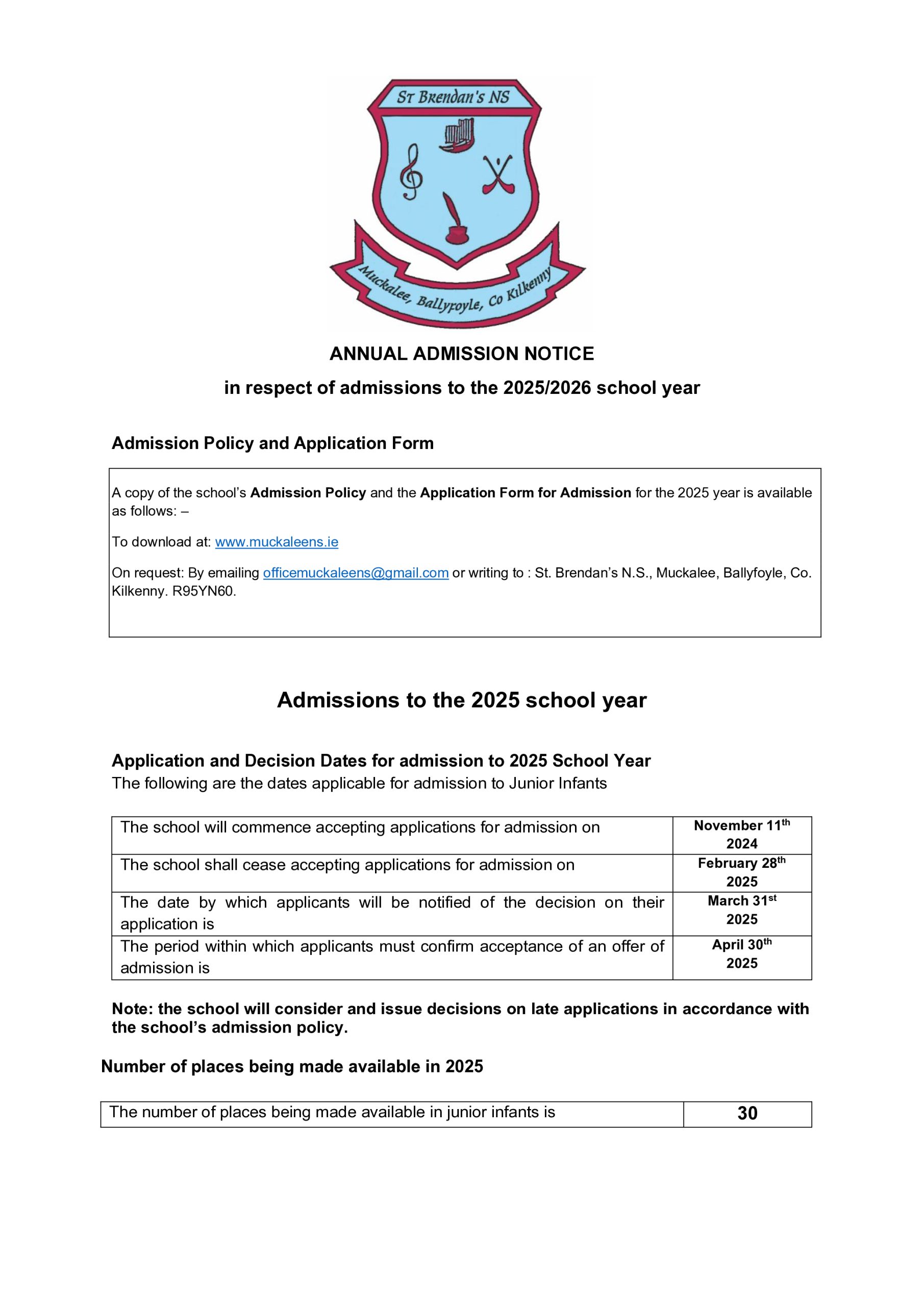 Admissions Notice for the 2025/26 year - St Brendan's National School